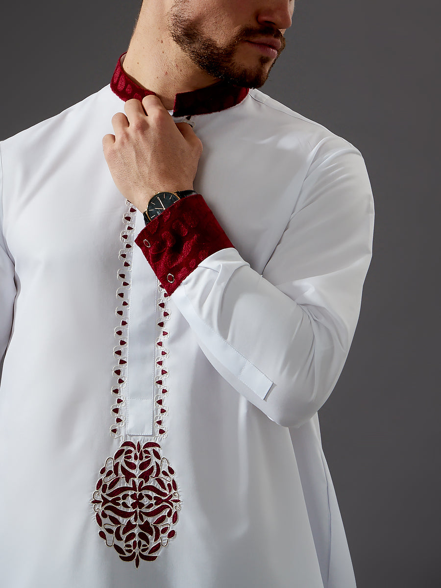 Formal Thobe 2019 - Smart White Thobe with Maroon Velvet Collar ...