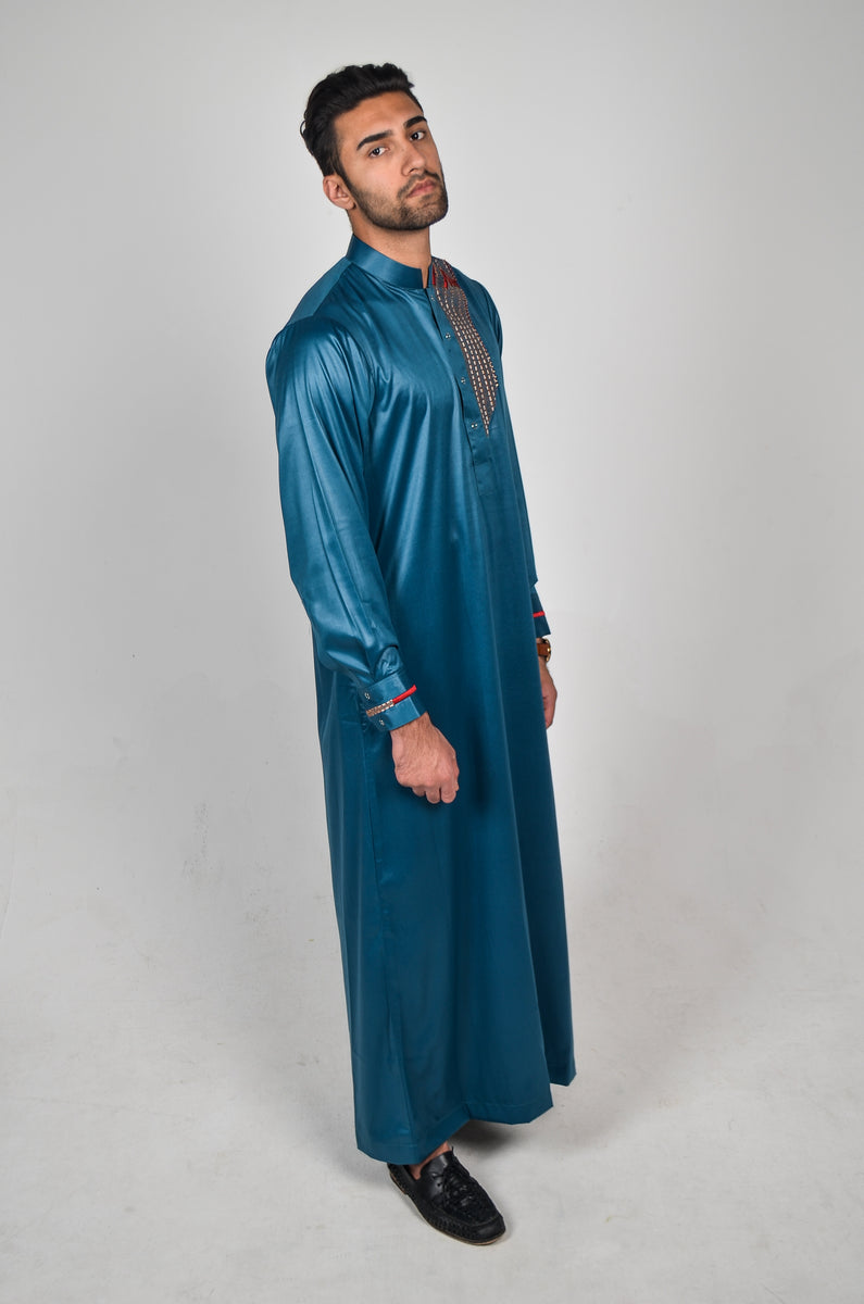Formal Thobe 18 Teal Green | Modern Embroidered Blue Green Thobe (Jubb ...
